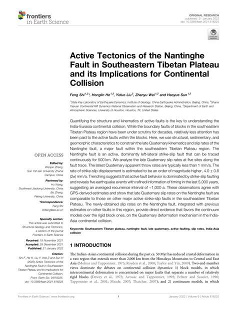 Pdf Active Tectonics Of The Nantinghe Fault In Southeastern Tibetan