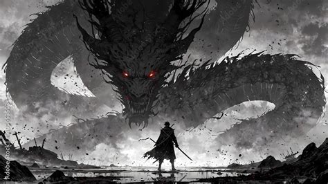 Anime Warrior Facing The Dragon Dark Aesthetic Anime Style Digital