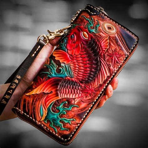 Handmade Leather Tooled Carp Mens Chain Biker Wallet Cool Leather