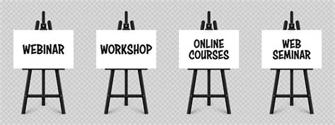 흰색 캔버스에 텍스트가 있는 사실적인 페인트 책상 검은 나무 이젤과 도화지 한 장 삼각대에 프리젠테이션 보드 원격 교육 온라인 과정 및 E러닝 벡터 그림 0명에 대한 스톡