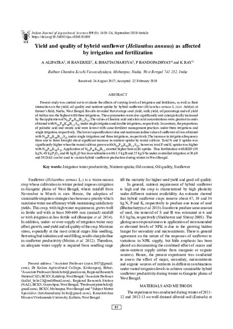 Pdf Yield And Quality Of Hybrid Sunflower Helianthus Annuus As Affected By Irrigation And
