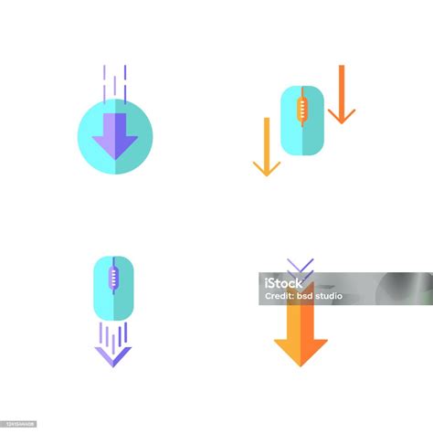 Computer Mouse And Arrowheads Flat Design Cartoon Rgb Color Icons Set Scrolling Down And