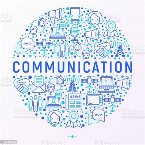 얇은 선 아이콘 원에서 통신 개념 전자 메일 신문 편지 채팅 Tv 지원 화상 통화 마이크 현대 벡터 일러스트 레이 션 웹 페이지 서식 파일 라디오에 대한 스톡 벡터 아트 및