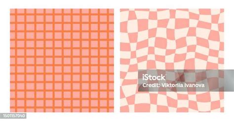 그루비 체크 무늬 이음새가 없는 패턴 빈티지한 미적 배경 사이키델릭한 바둑판 질감 펑키한 히피 패션 텍스타일 프린트 왜곡된 그리드 타일 벡터 패턴 세트가 있는 복고풍 배경