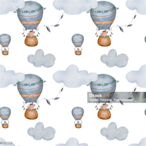 수채화 패턴 아기 열기구 파스텔 색상입니다 구름이 있는 보헤미안 스타일의 새와 곰의 귀여운 그림입니다 아동용 직물 및 아동용 방