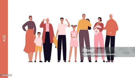 다양성과 포용 개념 벡터 플랫 캐릭터 일러스트레이션 세트입니다 다른 나이의 사람 캐주얼 복장을 한 남성 여성 소년 소녀 성인