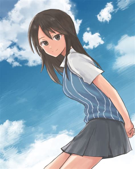1girl Armbehindback Bluesky Browneyes Brownhair Clouds Girlsund