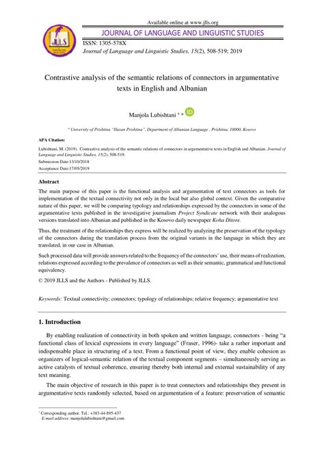 Pdf Contrastive Analysis Of The Semantic Relations Of Connectors In Argumentative Texts In