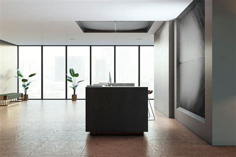 리셉션 데스크 천장부터 바닥까지 내려오는 대형 창문 나무 바닥이 있는 현대적인 사무실 인테리어 기업 공간 개념 3d 렌더링 0명에 대한 스톡 사진 및 기타 이미지 Istock