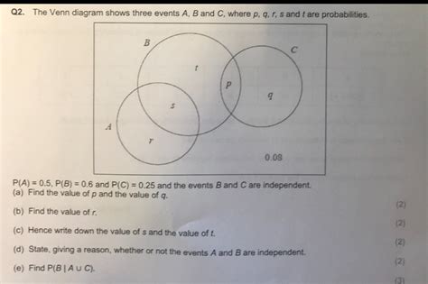 Solved The Venn Diagram Shows Three Events A B And C Where P Q R S And T Are Probabilities
