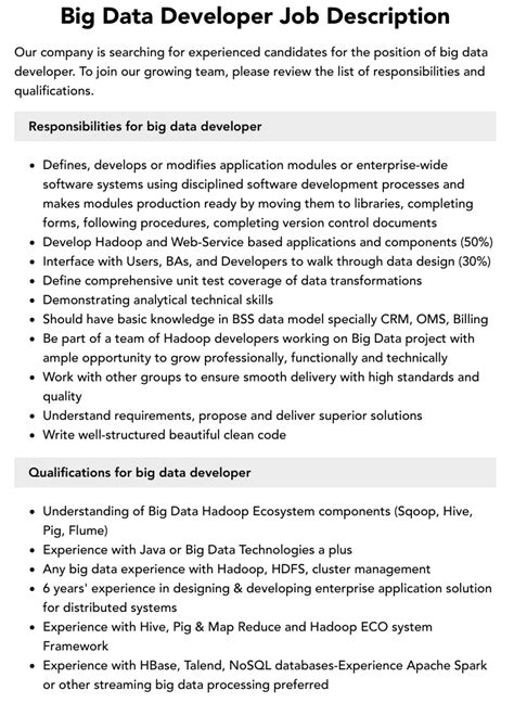 Big Data Developer Job Description Velvet Jobs