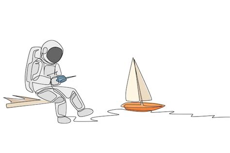 Premium Vector One Continuous Line Drawing Of Astronaut Playing Sailboat Radio Control In Moon