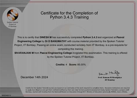 Iit Bombay Certificate For Completion Of Python 343 Training