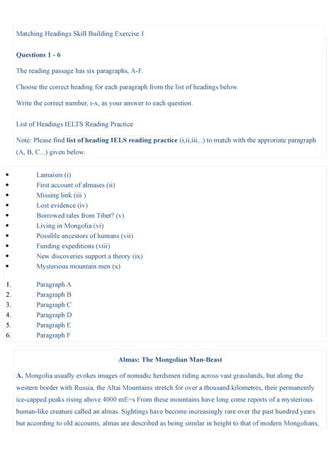 Matching Headings English Matching Headings Skill Building Exercise Questions The