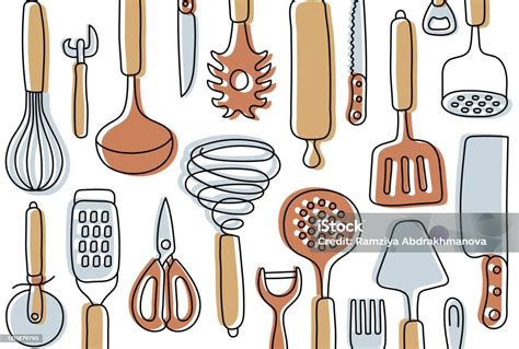 부엌 놀링 주방용품 스케치 세트 낙서 라인 벡터 기구 도구 및 칼붙이 휘저기기 슬롯 스푼 가위 롤링 핀 국자 및 주걱 칼 포크
