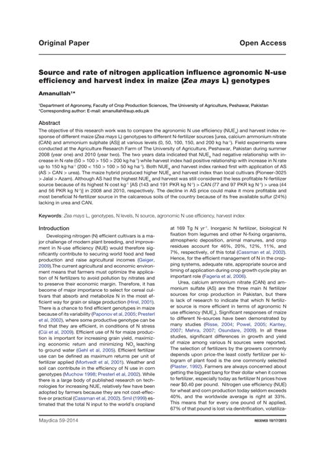Pdf Source And Rate Of Nitrogen Application Influence Agronomic N Use