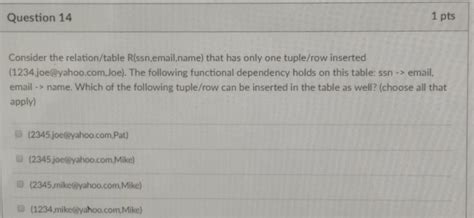 solved question 14 1 pts consider the relation table