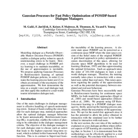 Gaussian Processes For Fast Policy Optimisation Of Pomdp Based Dialogue