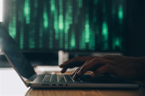 Hacker Code In Laptop Cyber Security Privacy Or Hack Threat Coder Or Programmer Writing Virus