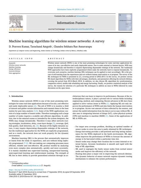 Machine Learning Algorithms For Wireless Sensor Networksa Survey Pdf