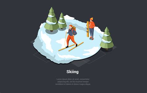 겨울 휴가와 스키 리조트 휴가 개념입니다 눈 덮인 지붕이 있는 고급 스키 리조트 호텔 남자와 여자가 내리막길을 스키를 탄다 가족 겨울 크리스마스 휴가를위한 장소 아이소메트릭