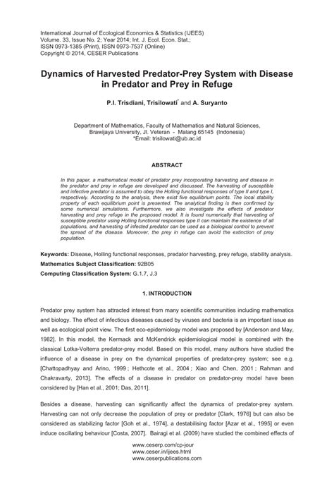 Pdf Dynamics Of Harvested Predator Prey System With Disease In