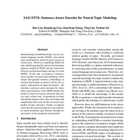 Sae Ntm Sentence Aware Encoder For Neural Topic Modeling Acl Anthology