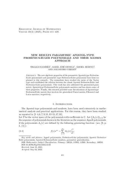 Pdf New Results Parametric Apostol Type Frobenius Euler Polynomials