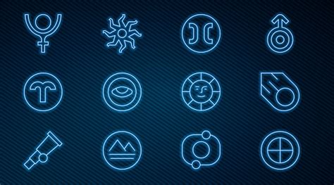 세트 라인 지구 지구 혜성 물고기 자리 조디악 눈 양자리 기호 명왕성 태양 및 아이콘과 메달리온 벡터 0명에 대한 스톡 벡터 아트 및 기타 이미지 Istock