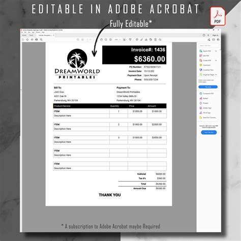 Editable PDF Word Google Docs Google Sheets Template Simple Invoice Template Customizable