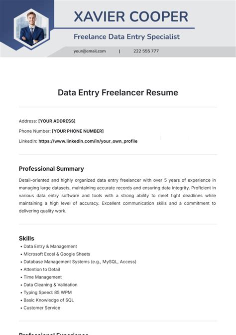 Free Data Entry Freelancer Resume Template To Edit Online