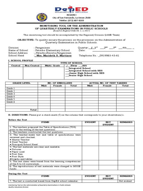 Monitoring Tool Quarterly Exam Pdf