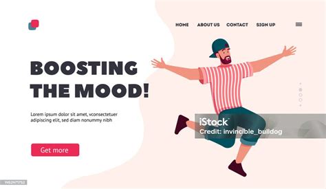 기분을 높이고 기뻐하고 재미있는 방문 페이지 템플릿 트렌디 한 옷을 입고 점프 하 고 웃는 행복 한 남자 벡터 일러스트 레이 션 감정에 대한 스톡 벡터 아트 및 기타 이미지
