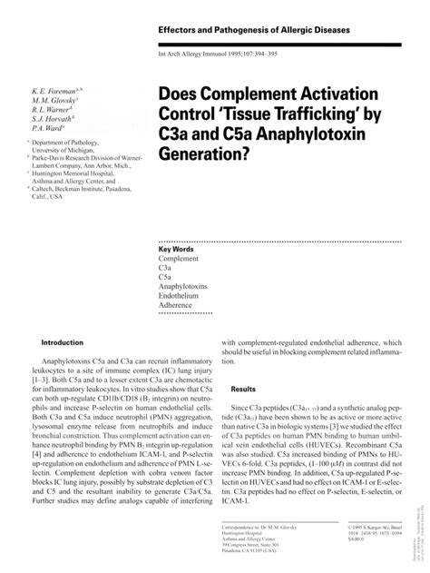 Pdf Does Complement Activation Control ‘tissue Trafficking By C3a And C5a Anaphylotoxin