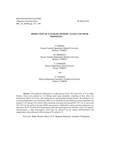 Pdf Production Of Ni Ti Shape Memory Alloys And Their Properties