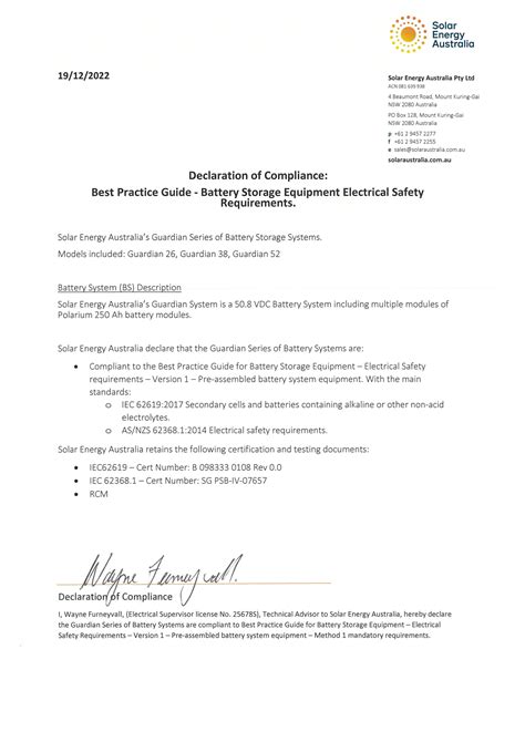 Declaration Of Compliance Solar Energy Australia