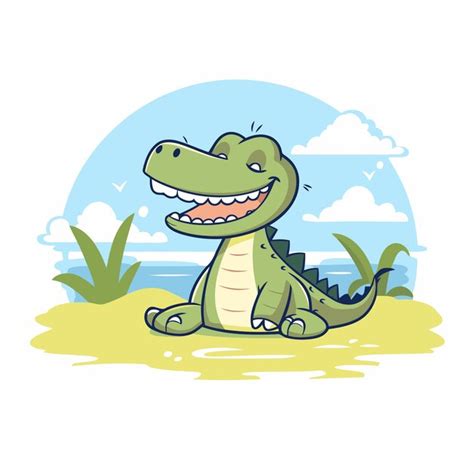 잔디 위 에 앉아 있는 귀여운 악어 터 만화 일러스트레이션 프리미엄 Ai 생성 벡터 잔디 위 에 앉아 있는 귀여운 악어 터 만화 일러스트레이션 프리미엄 Ai 생성 벡터