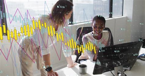 Image Of Graph Processing Data Over Diverse Female Colleagues Talking At Desk In Casual Office