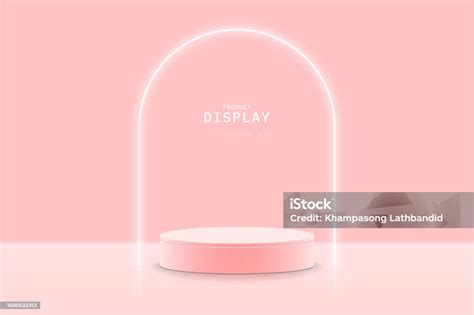추상적이고 깨끗한 빈 스튜디오 룸 핑크 3d 실린더 연단 받침대는 빛나는 아치 모양으로 사실적입니다 모형을 위한 최소한의 장면 쇼케이스를 위한 3d 무대 3d 벡터 기하학적