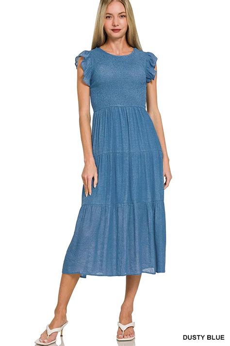 Womens Woven Smocked Ruffle Sleeve Midi Dress Sarah Express