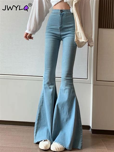 여성용 하이 웨이스트 플레어 청바지 심플한 기본 스키니 스트레치 벨 바텀 청바지 캐주얼 워싱 바케로 데님 바지 한국 패션