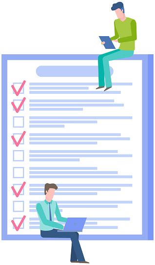 체크리스트가있는 남성 캐릭터 컴퓨터의 작업 플래너 프로그램 남자는 클립 보드 근처에 노트북과 함께 앉아 있습니다 경영자에 대한 스톡 벡터 아트 및 기타 이미지 Istock