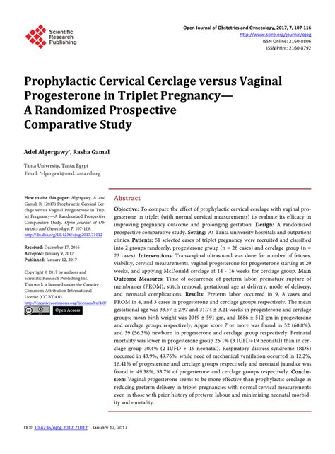 Pdf Prophylactic Cervical Cerclage Versus Vaginal Progesterone In