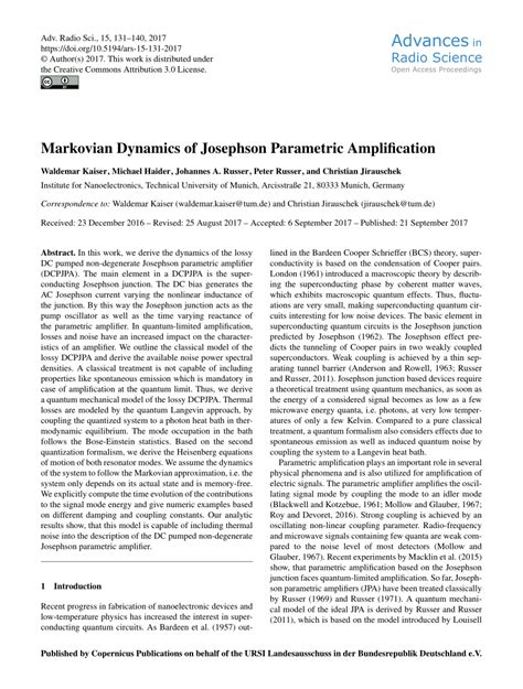 Pdf Markovian Dynamics Of Josephson Parametric Amplification