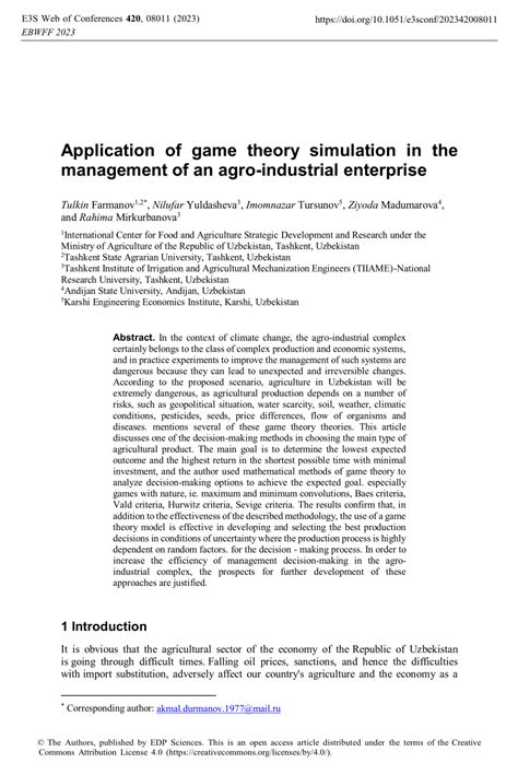 PDF Application Of Game Theory Simulation In The Management Of An Agro Industrial Enterprise