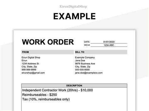 Work Order Template Editable PDF Word Googledocs Googlesheets Template Customizable