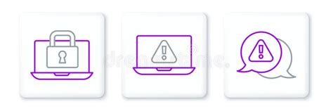 Set Line Exclamation Mark In Triangle Laptop And Lock And With Exclamation Icon Vector Stock