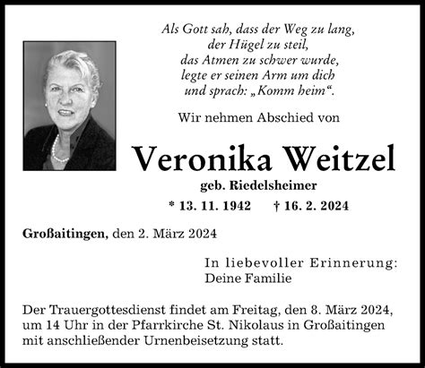Traueranzeigen Von Veronika Weitzel Augsburger Allgemeine Zeitung