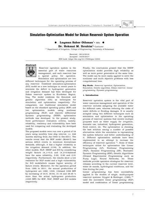 Pdf Simulation Optimization Model For Dokan Reservoir System Operation