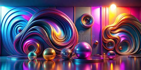 Abstract Iridescent Spheres And Swirling Forms In Vibrant Neon Lighting Generative Ai Stock